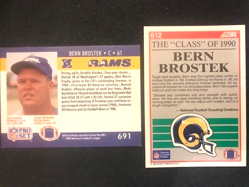 NFL - Bern Brostek 1990 Pro Set 1st Rd Draft & 1990 Score Rookie Card ...