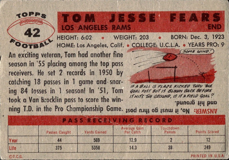 1956 TOPPS TOM FEARS 42 POOR FOOTBALL LOS ANGELES RAMS | eBay