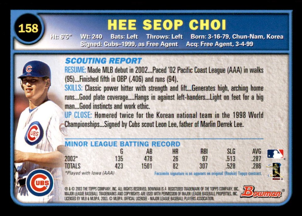 2003 Bowman #158 Hee Seop Choi Chicago Cubs | eBay