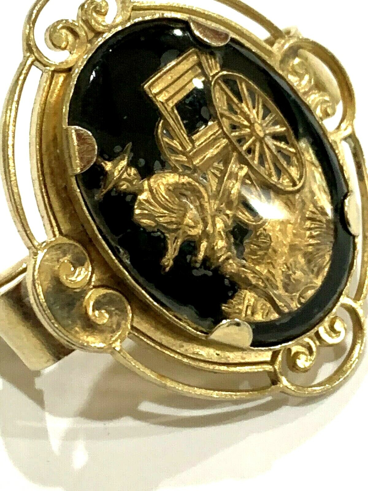 Vintage Hinged Scarf Clip Resin Encased Rickshaw Asian Gold Black Oval ...