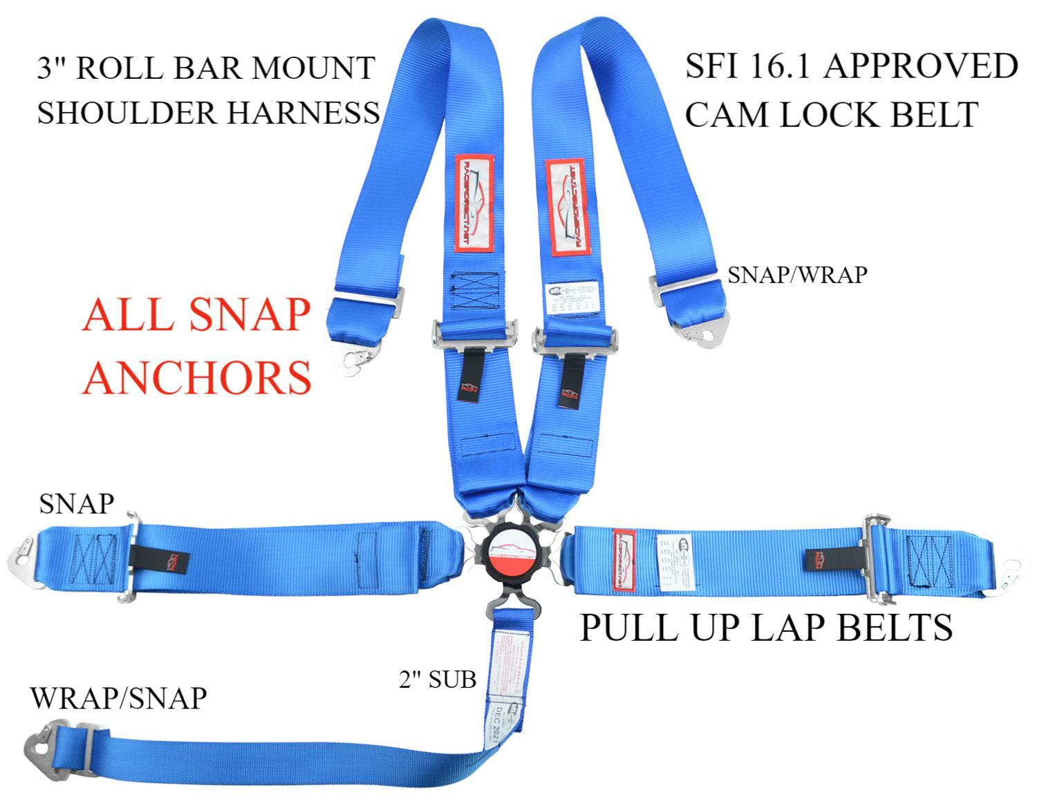RACERDIRECT SNAP / CLIP IN 5 POINT RACE HARNESS SFI 16.1 ROLL BAR MOUNT ...