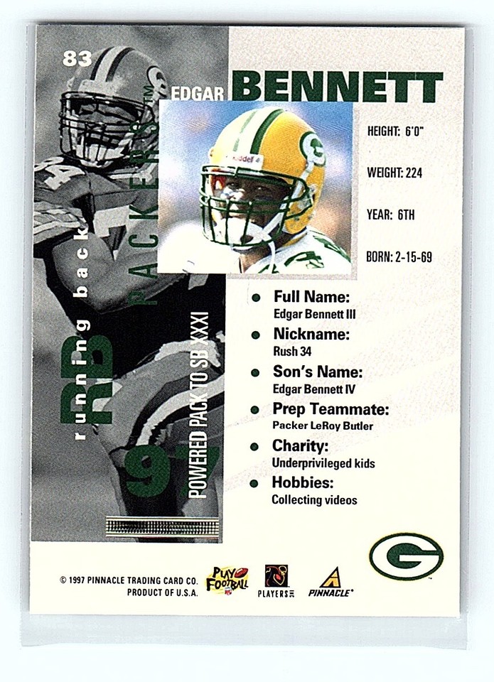 1997 Pinnacle Inside Edgar Bennett Green Bay Packers #83 | eBay