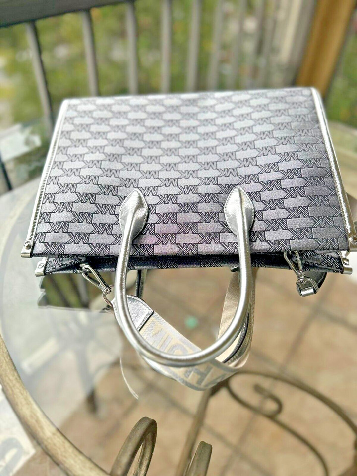Michael Kors Mirella Medium MK Signature Silver Tote Shoulder Bag Purse ...