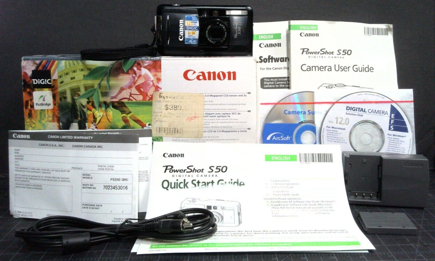 Black Canon Powershot S50 AiAF 5.0MP w/ Battery, Charger, 128mb CF Card ...