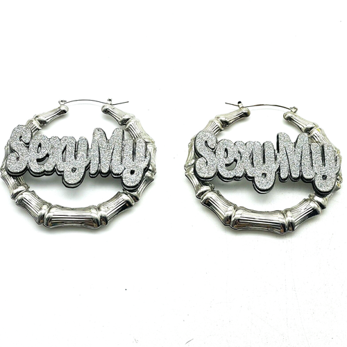 Metallic Bamboo Hoop Earrings Silver Tone Glittery Gaudy Sexy My Rapper ...
