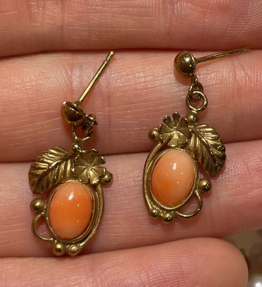 Art Deco Carved Salmon Coral Cab Flower Gold t Dangle Stud Earring GIFT ...