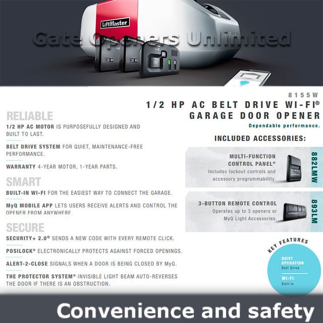 LiftMaster 8155W 1/2 HP AC Belt Drive Wi-fi Garage Door Opener No Rail ...