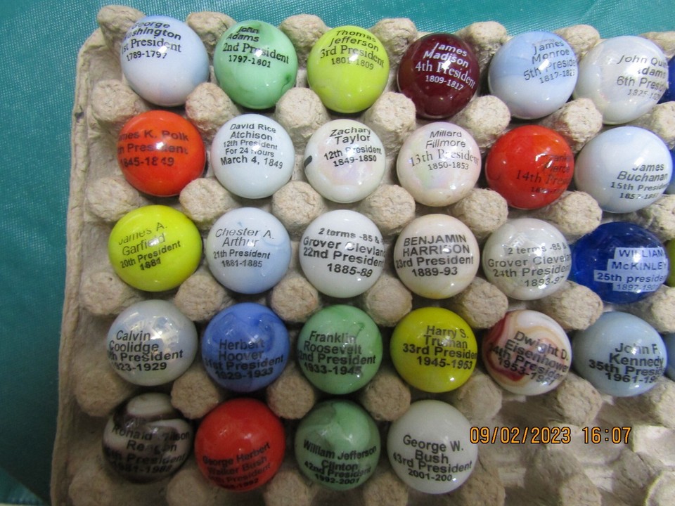 VINTAGE RARE SET OF 44 GLASS MARBLES WITH PRESIDENTS FACES & INFO. | eBay
