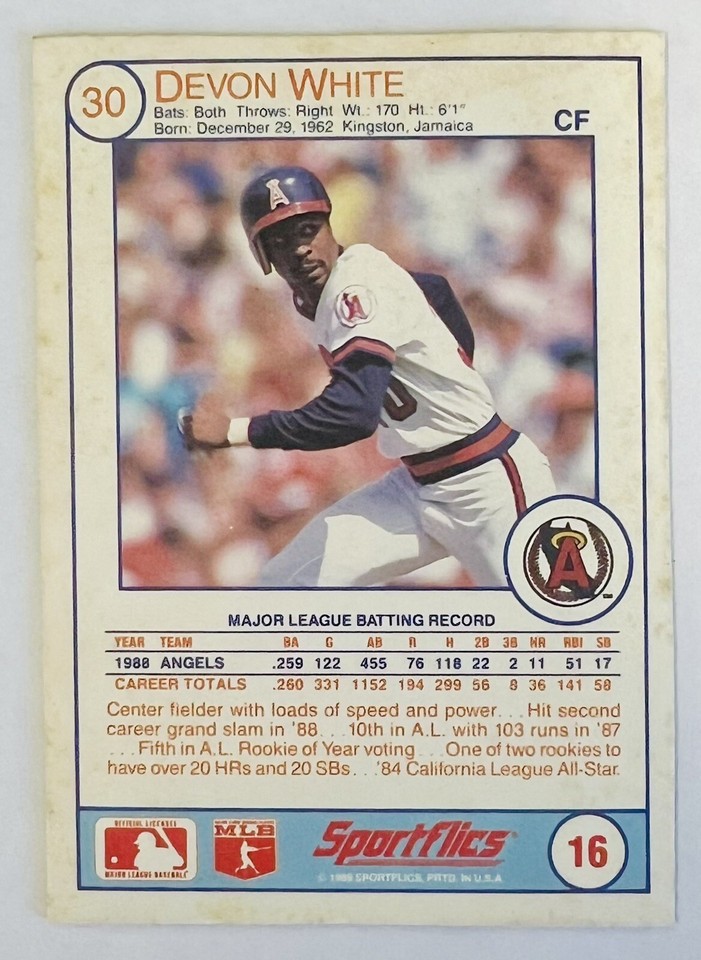 1989 SPORTFLICS.. DEVON WHITE CALIFORNIA ANGELS #16 | eBay