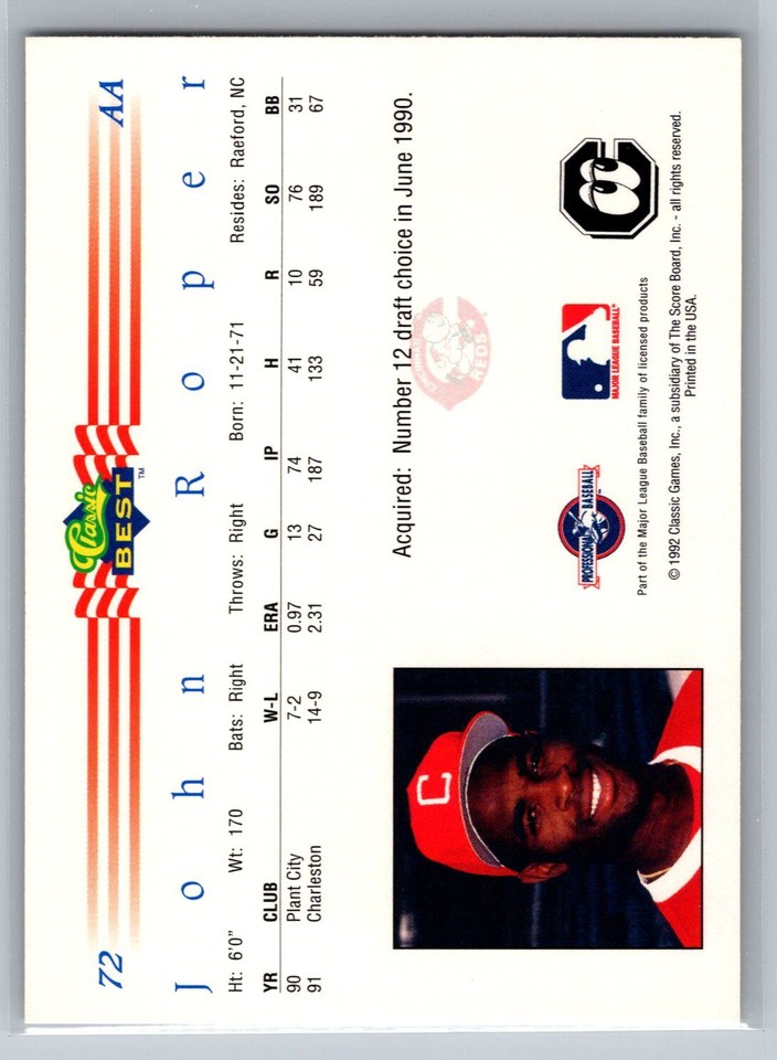 John Roper 1992 Classic Best Set Break BASEBALL #72 Chattanooga ...