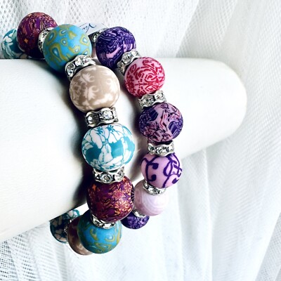 Viva Beads Chunky Silver Clay Handmade Set Of Two Stretchy Bracelets ...