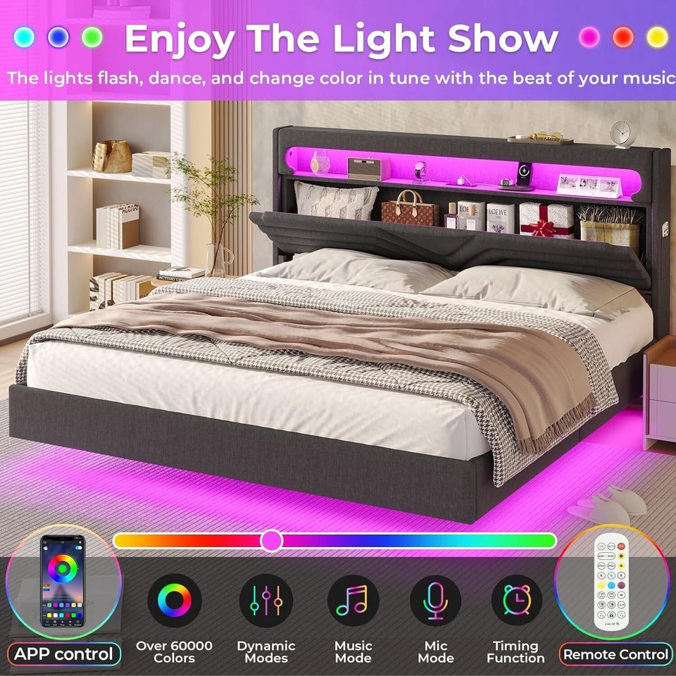 Floating Bed Frame King Size with Hidden Storage Headboard and RGB LED ...