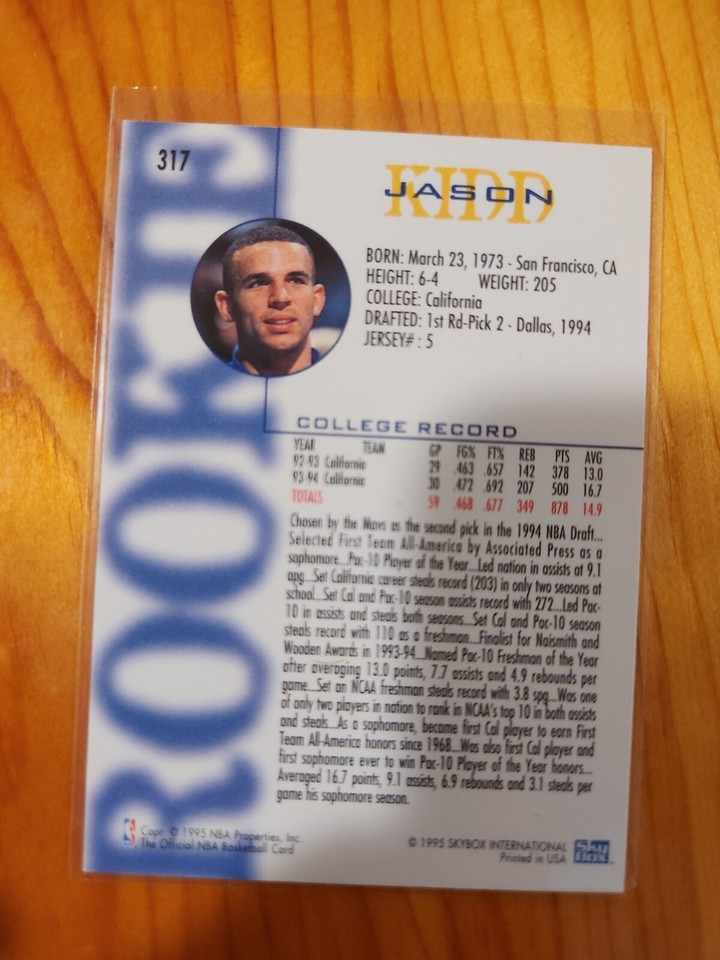 Jason Kidd 1994-95 NBA Hoops #317 Dallas Mavericks Rookie Card RC HOF ...