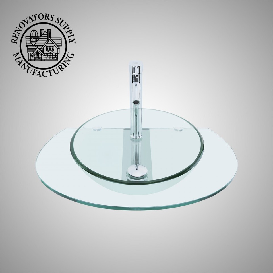 Glass Wall Mount Bathroom Console Sink Round with Chrome Faucet and ...