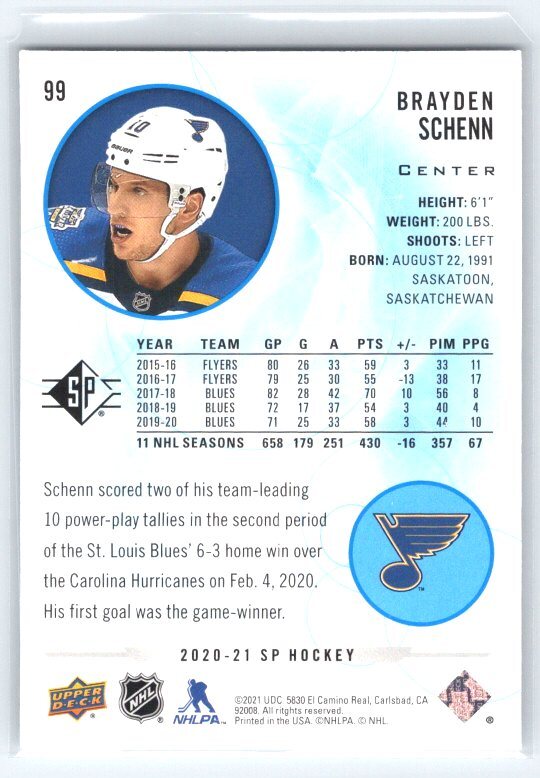2020 SP Brayden Schenn #99 Blue St. Louis Blues | eBay