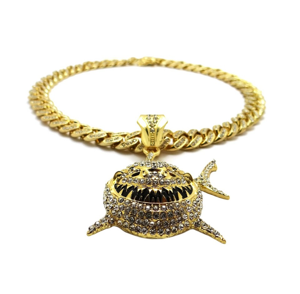 TEKASHI 69 6IX9INE SHARK PENDANT 14K LAB DIAMOND GOLD CUBAN LINK CHAIN ...