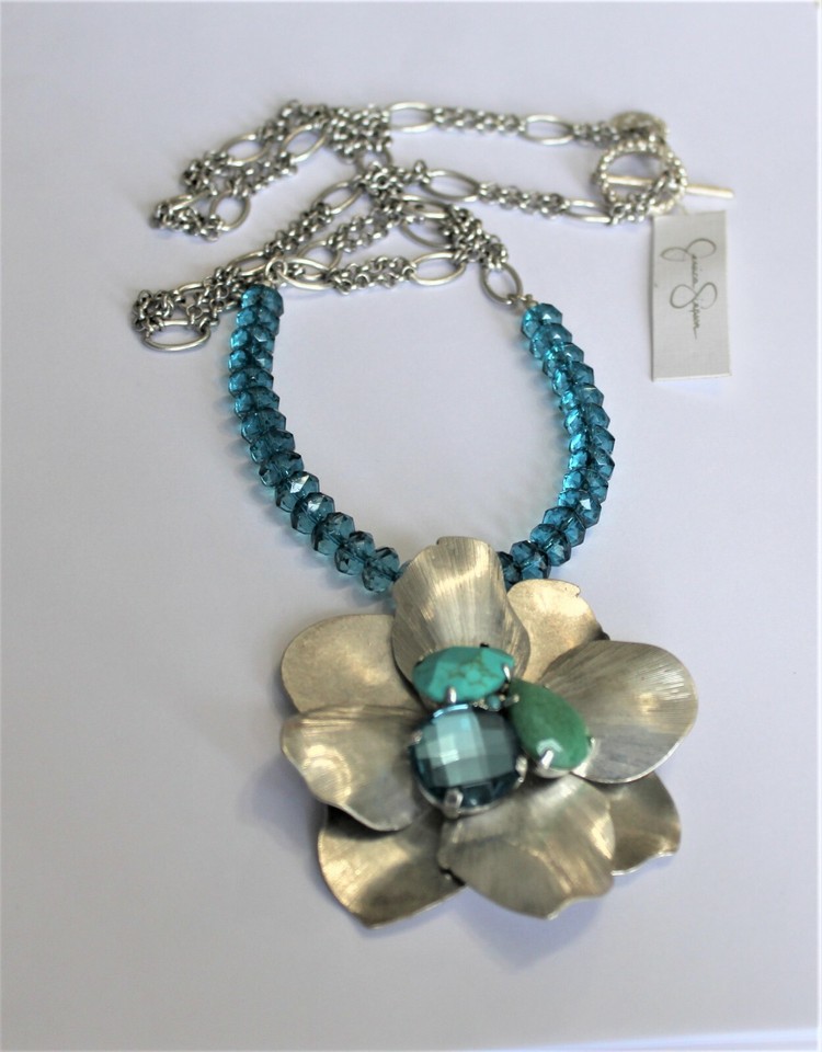 Jessica Simpson Blue Turquoise Flower Beaded Silver Chain Long Necklace ...
