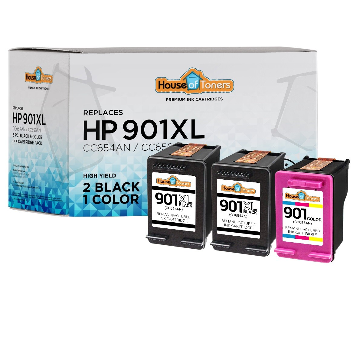 3PK Fits HP 901XL Black Cartirdge HP 901 Color Ink CC654AN CC656AN ...