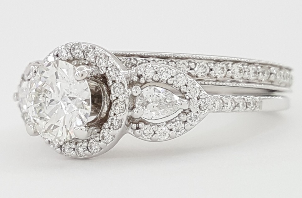 Gabriel & Co Round Diamond Halo 1.28 ct 14K W Gold Engagement Ring Set ...