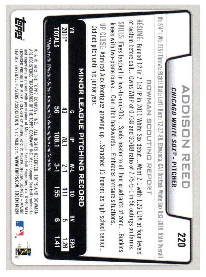 2012 Bowman #220 Addison Reed MT-NRMT Rookie Baseball Card | eBay