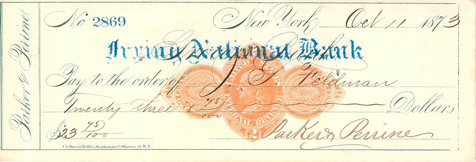 1873 NEW YORK CITY J G FELDMAN HEIRLOOM AUTOGRAPH REVENUE STAMP | eBay