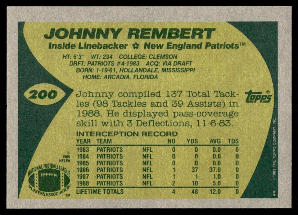 1989 Topps Johnny Rembert New England Patriots #200 | eBay