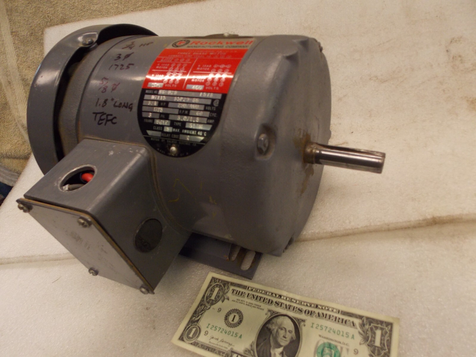 Rockwell Electric Motor 3/4 HP 1725 Rpm 3PH 230/460 Volt TEFC 56 Frame ...