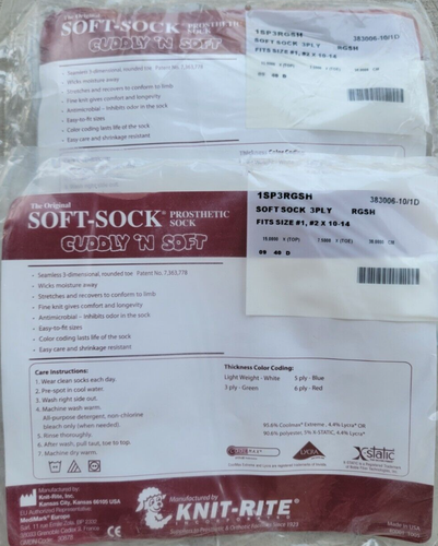 Lot of 2 Knit-Rite Soft Sock Prosthetic 1SP3RGSH 3 PLY #1, #2 x 10-14 ...