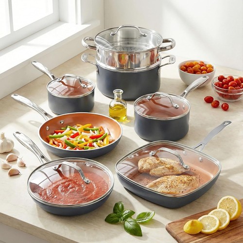 Gotham Steel 12-Piece Ceramic Cookware Set Nonstick Pots Pans Steamer ...