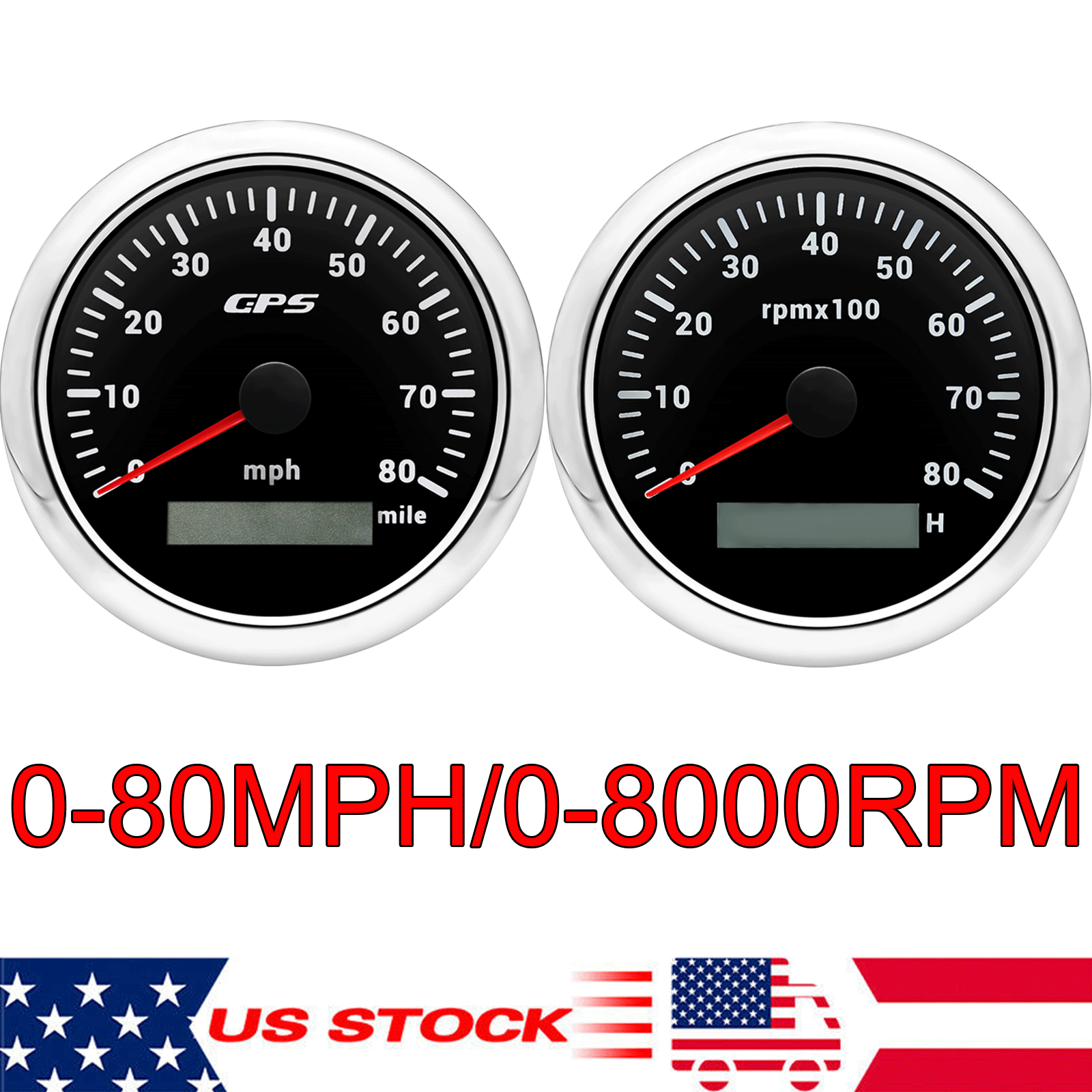 2 Gauge Set 85mm GPS Speedometer 0-80MPH Tachometer 0-8000RPM for Boat ...