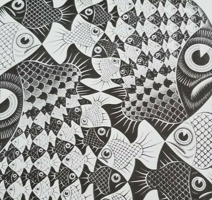 FISH AND SCALES (Tessellation 1959) by M C Escher Optical Illusion ...