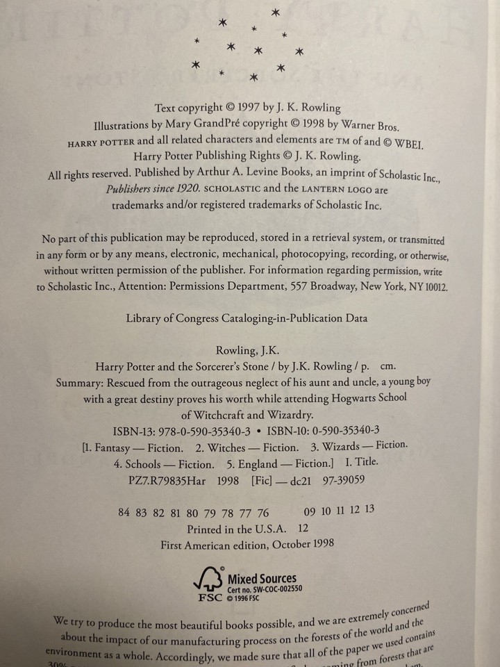 Harry Potter & The Sorcerer's Stone JK Rowling First Edition 1st Print ...