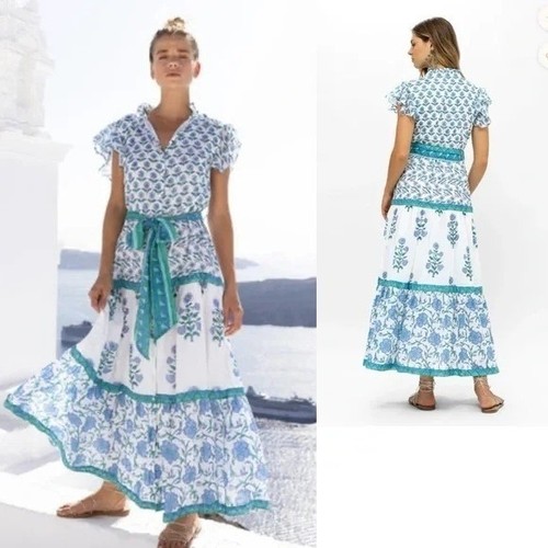 Ruffle Collar Button Up Maxi Dress Size M Terra Blue Tie Waist Tiers ...