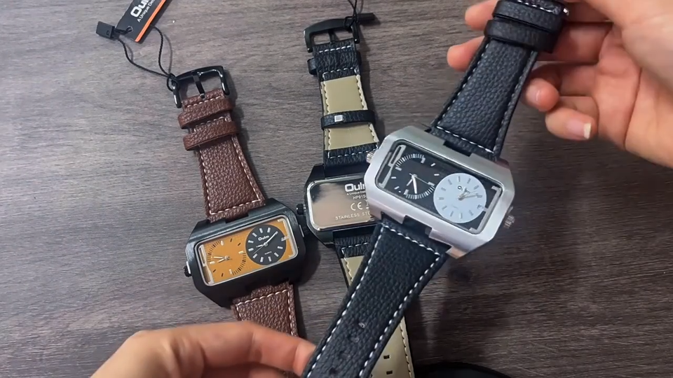 Oulm Dual Time Zone Rectangular Large Dial Quartz Watch Leather Strap ...