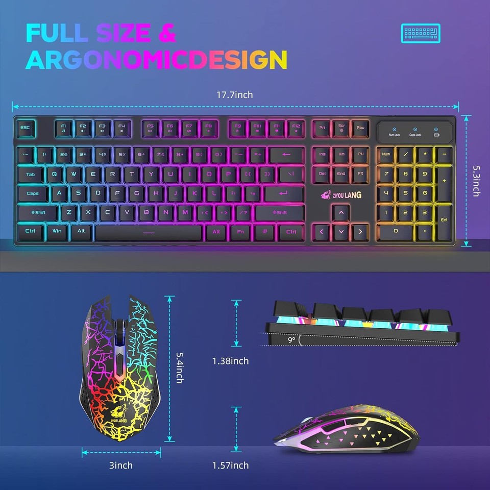 104 Keys Wireless Gaming Keyboard Mouse set Mechanical feel Rainbow LED ...
