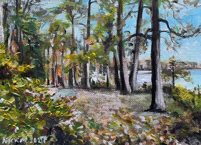 Trees by the Lake- 5x7 inch painting- artist Nick Mears | eBay