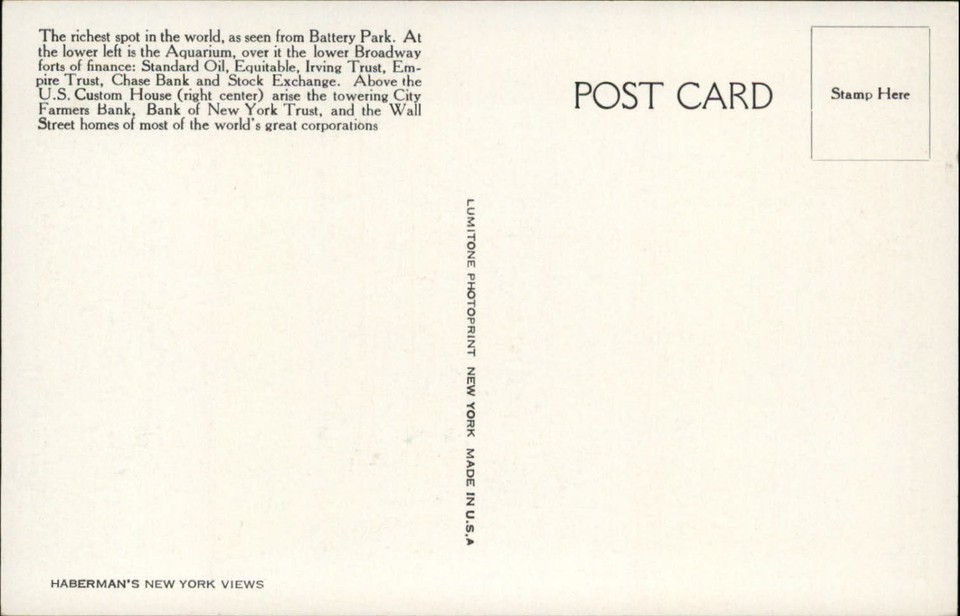 View From Aquarium Battery Park vintage Haberman NYC Lumitone postcard ...