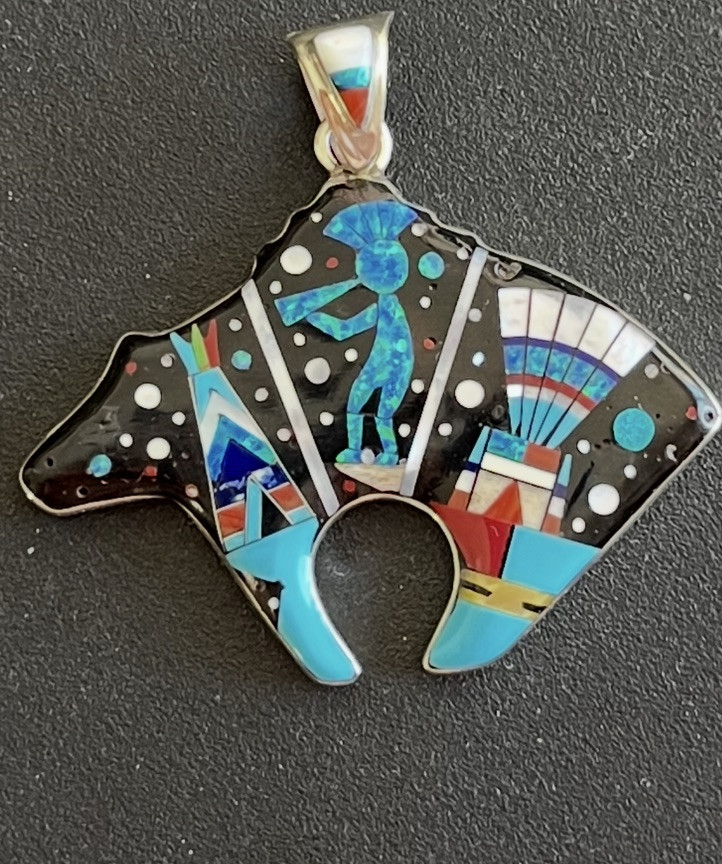 native american inlaid sterling silver Multi Stone Pe… - Gem