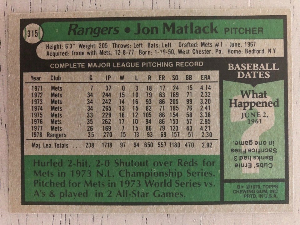 1979 Topps Baseball Card #315 Jon Matlack Texas Rangers NM | eBay