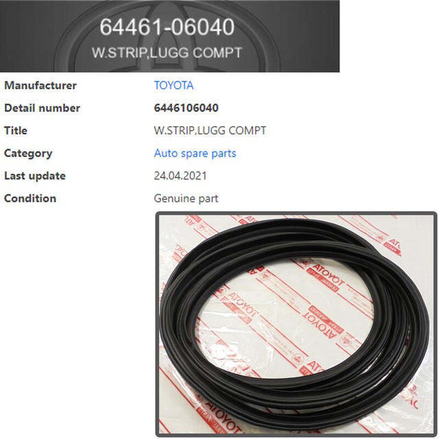 64461-06040 Toyota Weatherstrip luggage compartment door 6446106040 ...