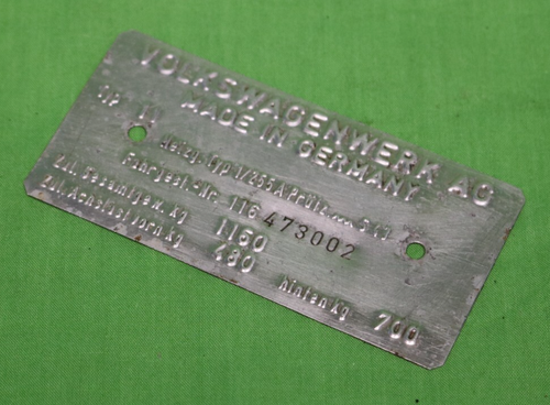 OEM 1960's VW / Volkswagen Volkswagenwerk VIN Plate Tag Badge Type 1 ...