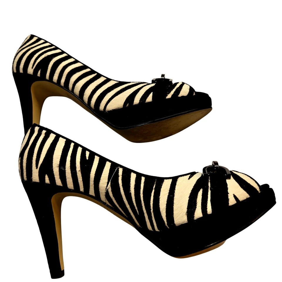 Chico's Shoes 7.5 Zebra Print Buckles Platform Open Toe High Heel Pump ...