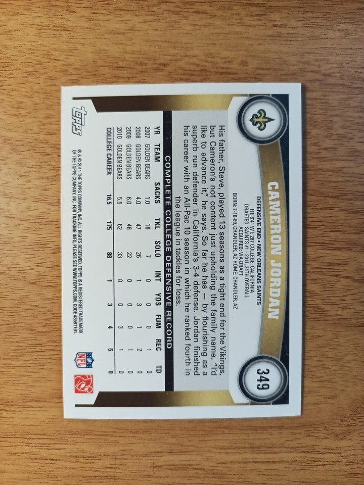 CAMERON JORDAN 2011 TOPPS ROOKIE FOOTBALL CARD-#349-SAINTS 🏈🔥 | eBay
