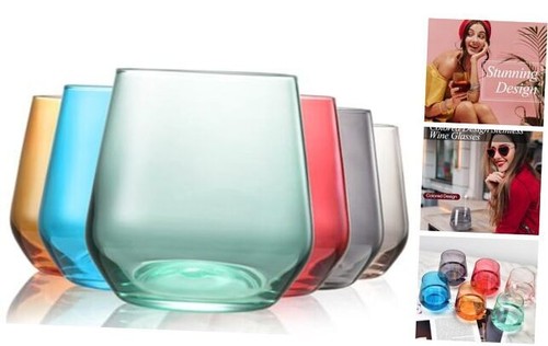 Colored Stemless Wine Glasses Set of 6, Hand Blown Premium Crystal Red ...