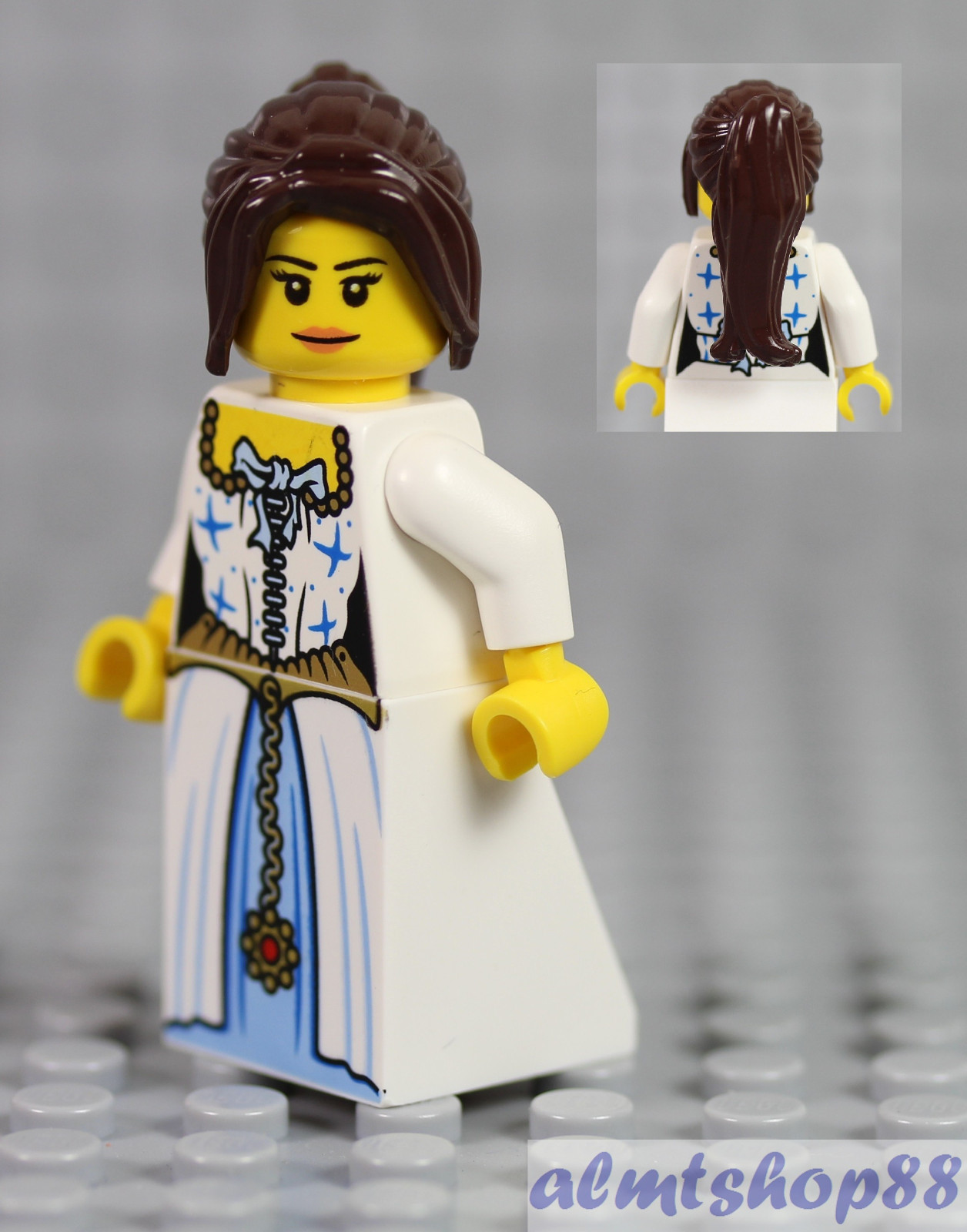 LEGO - Female Minifigure White Dress & Dark Brown Ponytail Hair ...