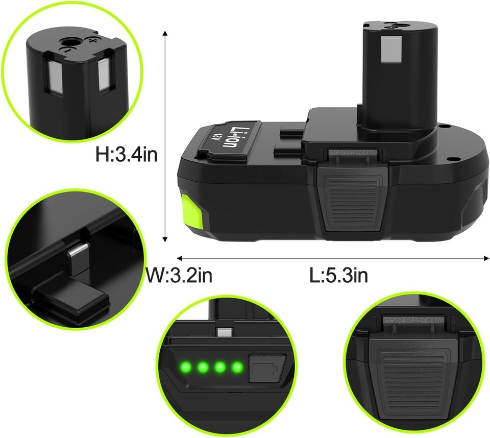 2 PCS 3.0Ah Lithium Battery for Ryobi P102 P107 P108 P200 P201 P203 BPL ...