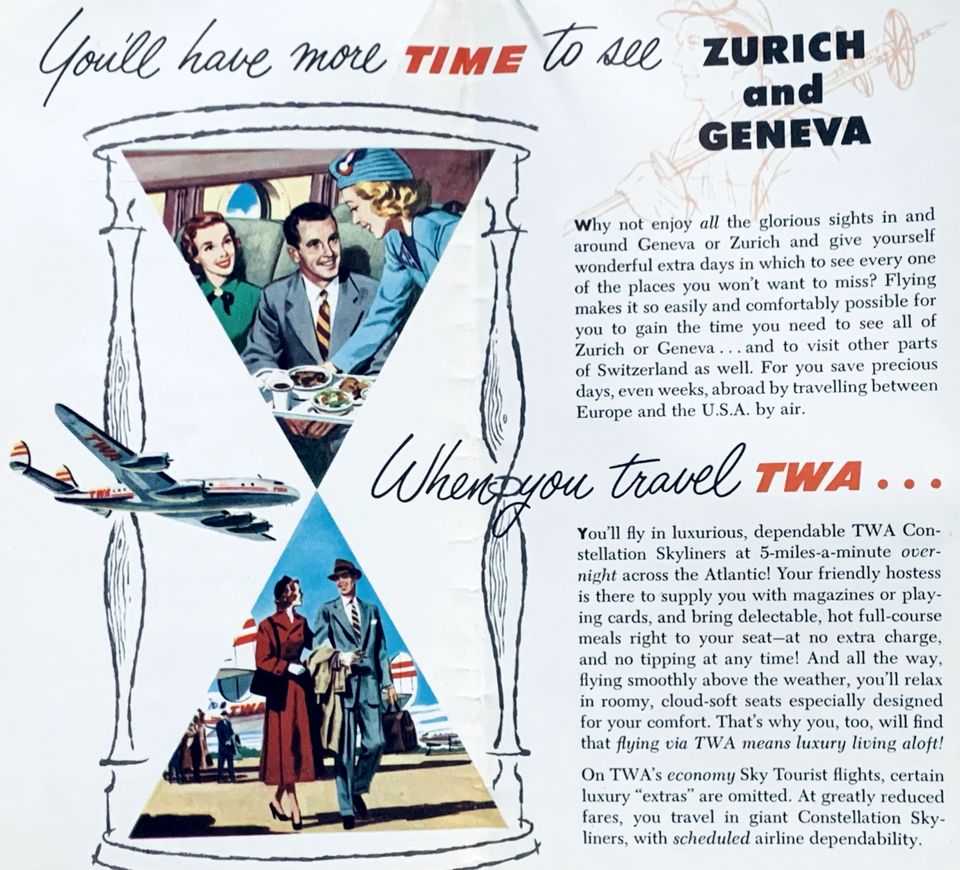 c1953 TWA TRANS WORLD AIRLINES vintage TRAVEL BROCHURE Zurich Geneva ...