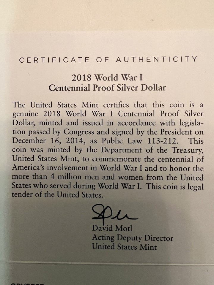 2018 P WORLD WAR 1 CENTENNIAL PROOF SILVER DOLLAR FROM THE US MINT WITH ...