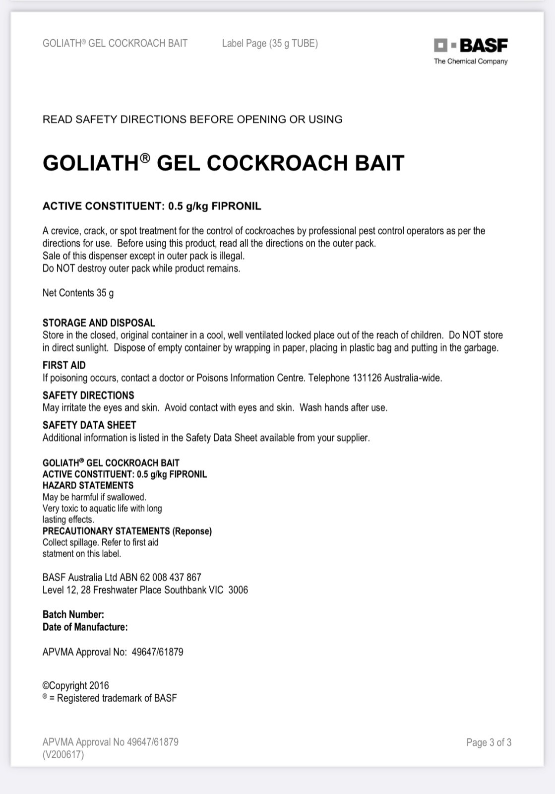 BASF Goliath Cockroach Gel 4 x 35g Tubes Powerful Professional Grade ...