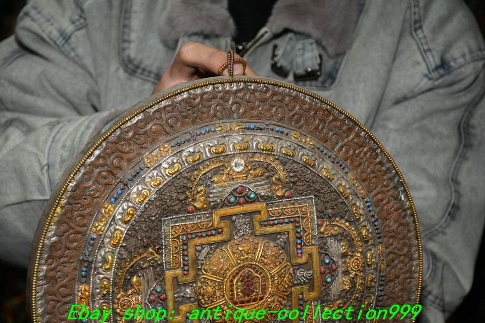11.8" Tibet Bronze Gold Silver Inlay Gem 8 Auspicious Symbol Tangka ...